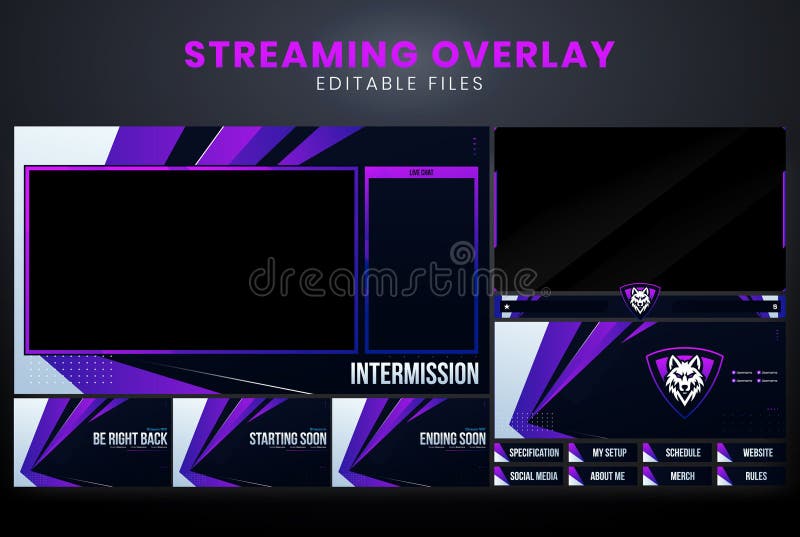 Purple and Black Twitch Stream Overlay Template with Wolf Logo Stock ...