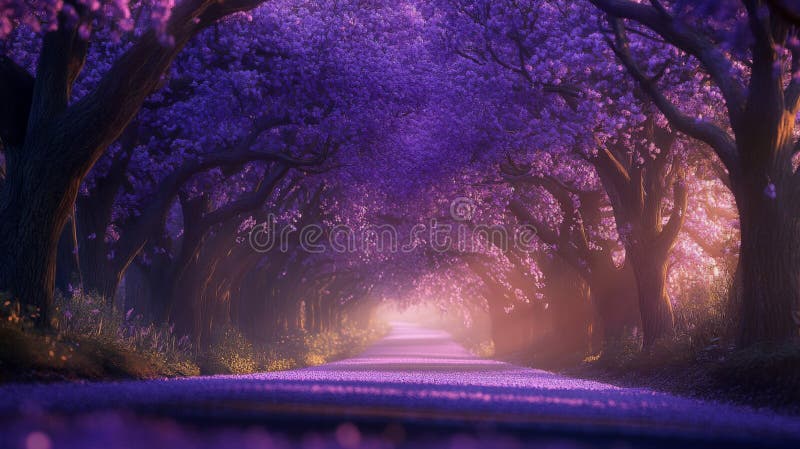 Purple Blossom Trees Line a Mystical Path Stock Illustration ...