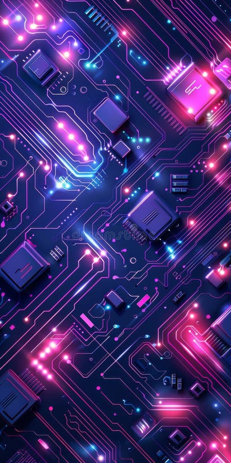 Purple and Blue Circuit Board with Glowing Neon Lights and Computer ...