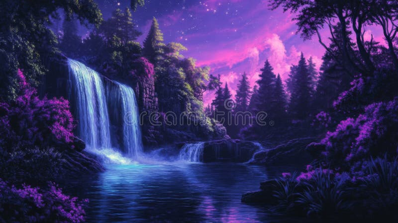 Purple and Blue Night Waterfall in a Magical Forest Stock Illustration ...