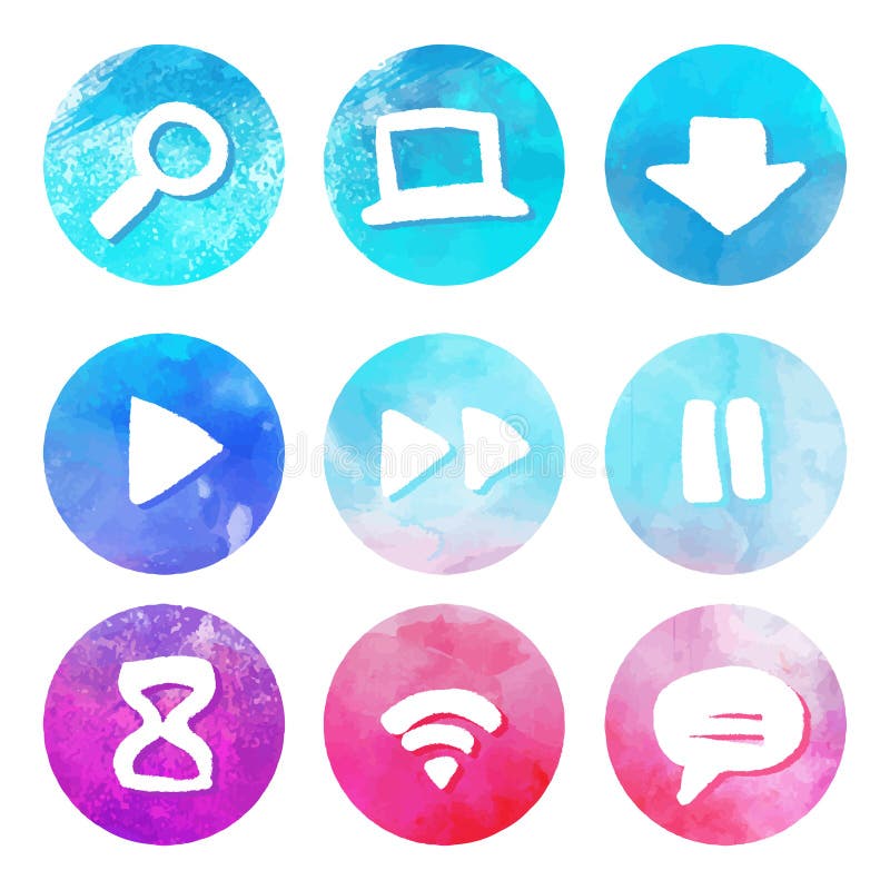 Purple and Blue Set of Round Watercolor Icons Stock Vector ...