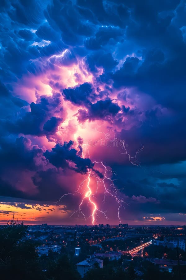 A Purple Sky with a Lightning Bolt Over the Ocean Stock Photo - Image ...