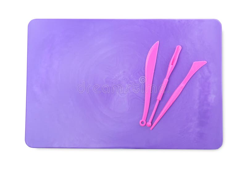 Purple Board with Tools for Plasticine on White Background, Top View ...