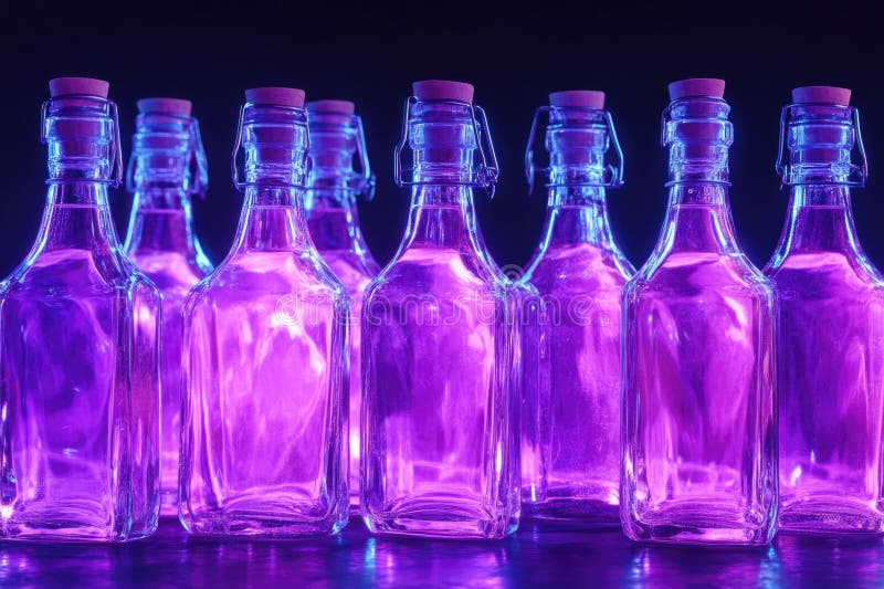 Purple Bottles on Table stock photo. Image of generated - 376709852