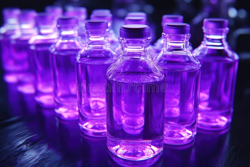 Purple Bottles on Table stock image. Image of luxury - 376274597