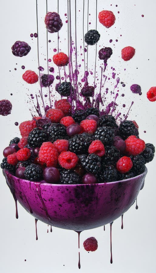 Purple Bowl Overflowing with Fresh Mixed Berries Splashed with Juice on ...