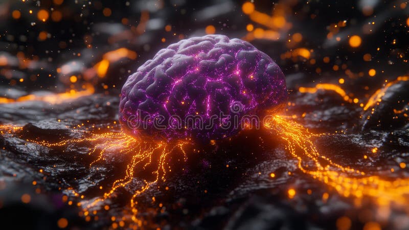 Purple Brain with Orange Glowing Connections, Representing Memory ...