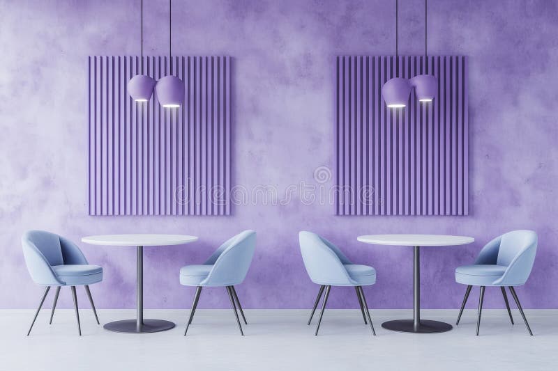 A Purple Cafe Interior Features Rows of Chairs and Eating Tables on ...