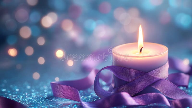 Purple Candle with Ribbon on Glittery Blue Background Stock ...