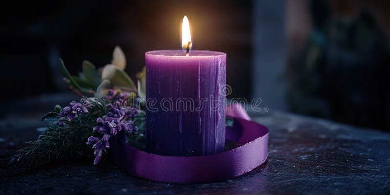 Purple candle on table stock photo. Image of generated - 375877876