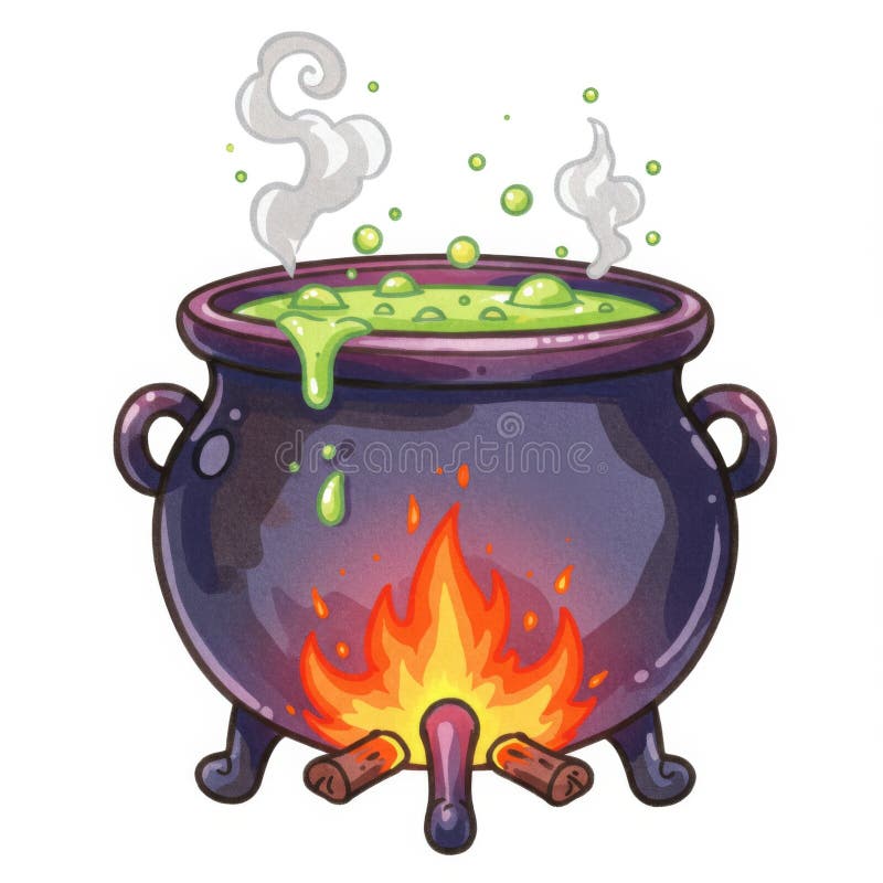 Purple Cauldron with Boiling Green Potion Over Fire Stock Illustration ...