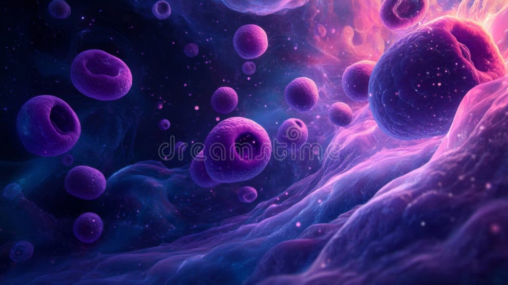 Purple Cells Floating in a Cosmic Nebula Stock Illustration ...