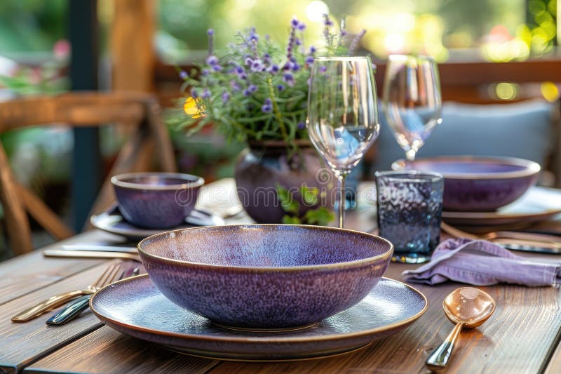Purple Ceramic Tableware Setting on a Rustic Wooden Table Stock ...