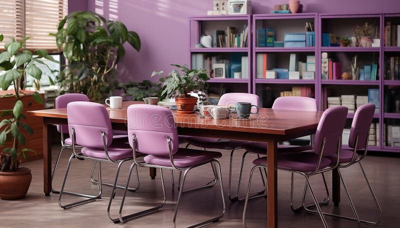 Purple Chairs on the Tables in Restaurant, Classroom, Dining. View of ...