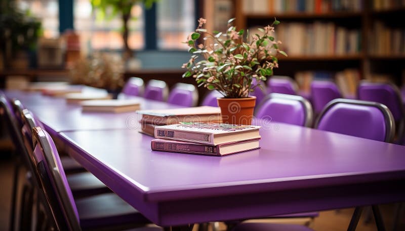Purple Chairs on the Tables in Restaurant, Classroom, Dining. View of ...
