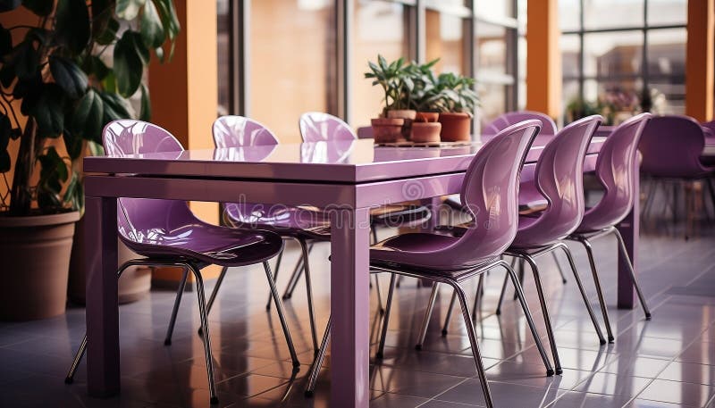 Purple Chairs on the Tables in Restaurant, Classroom, Dining. View of ...