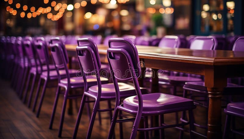 Purple Chairs on the Tables in Restaurant, Classroom, Dining. View of ...
