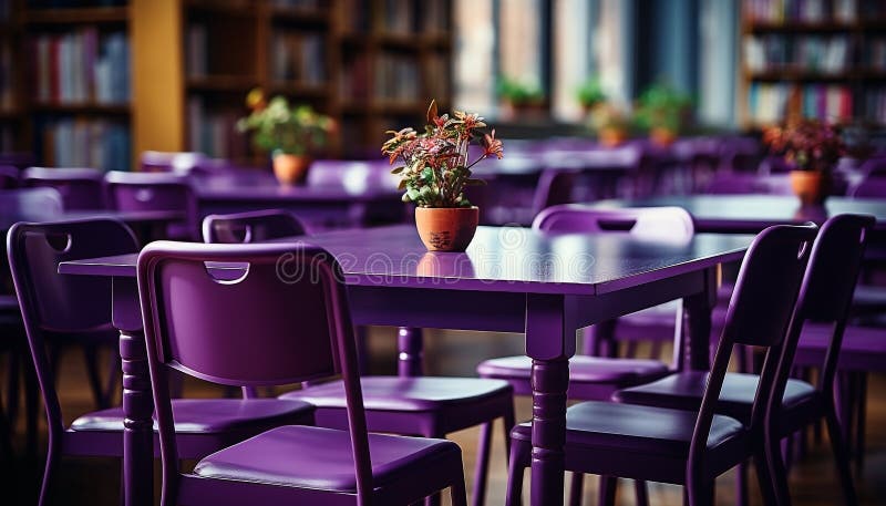 Purple Chairs on the Tables in Restaurant, Classroom, Dining. View of ...