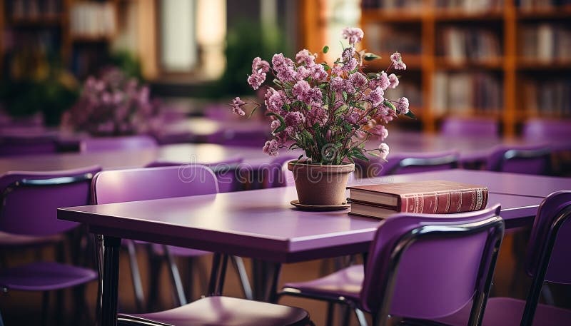 Purple Chairs on the Tables in Restaurant, Classroom, Dining. View of ...