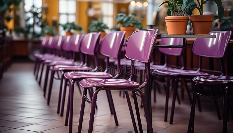 Purple Chairs on the Tables in Restaurant, Classroom, Dining. View of ...