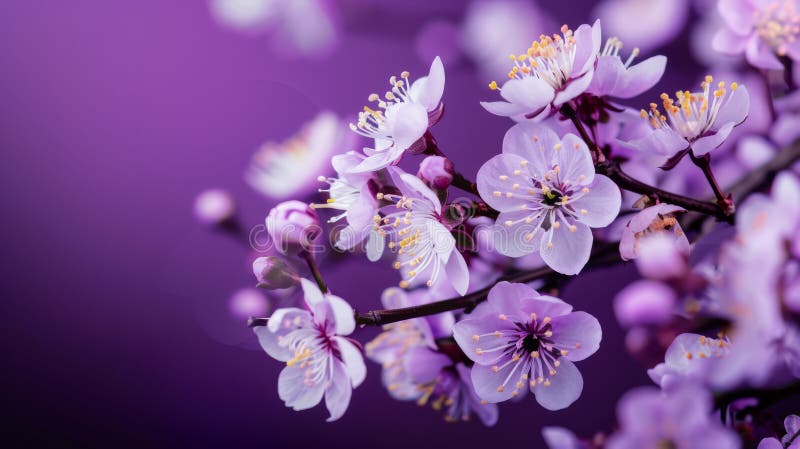 Purple Cherry Blossom Branch on Deep Purple Background Stock ...