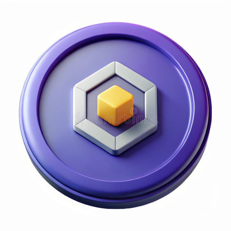 Purple Circular Crypto Token with Yellow Center Cube and Hexagon Silver ...