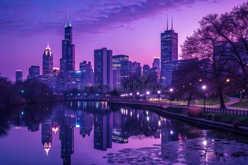 Purple City Nightscape with Water Reflection - Generated by Ai Stock ...