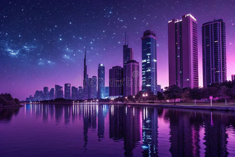 Purple City Nightscape with Water Reflection - Generated by Ai Stock ...