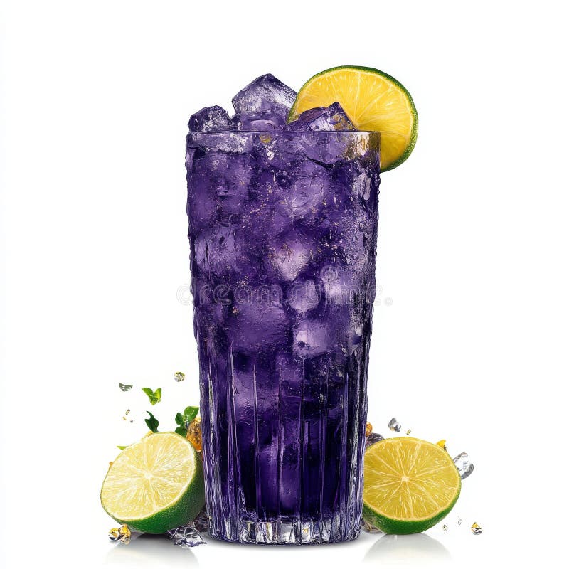 Purple Cocktail Featuring Ice and a Slice of Lime, Separated on a Clear ...