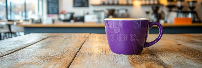 Purple Coffee Cup on Rustic Wooden Table in Cozy Cafe with Blurred ...