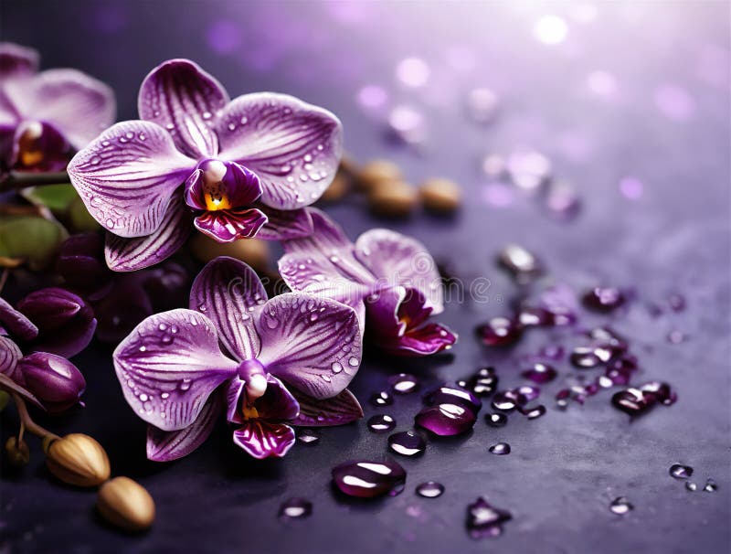 Purple Colored Orchids Flowers on Bokeh Background with Dew Stock Image ...