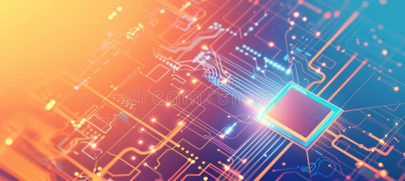 A Purple Computer Chip in an Electric Blue Pattern on a Circuit Board ...