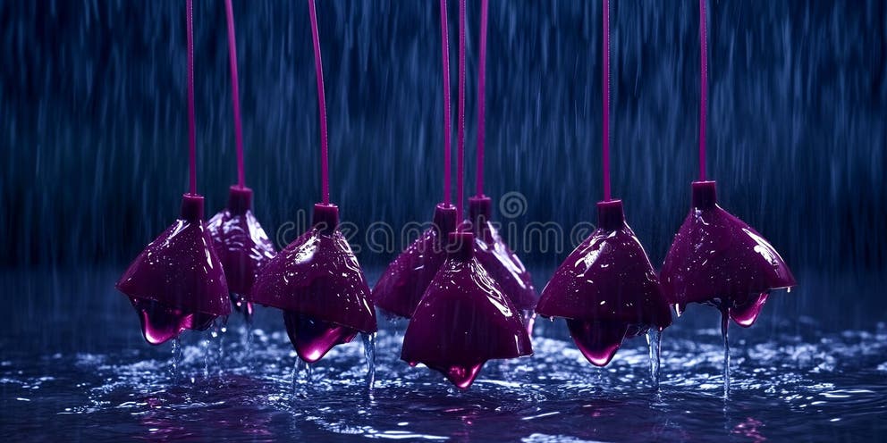 Purple Conical Objects in Rain Abstract Art Water Drops Stock ...