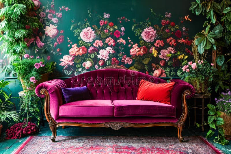 Purple Couch with Floral Patterns on the Back and Red Pillow on it ...