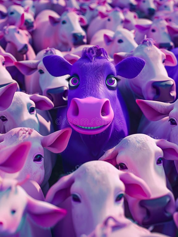 A Purple Cow is Standing in a Crowd of White Cows Stock Photo - Image ...