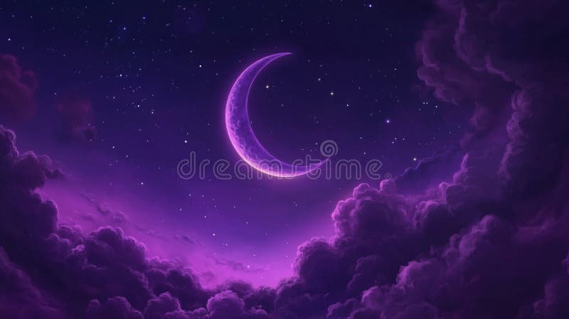 Purple Crescent Moon in Starry Night Sky with Clouds Stock Photo ...