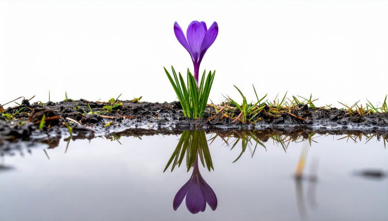 Purple Crocus Blooming in Mud Puddle Reflection Stock Illustration ...