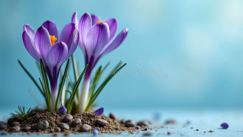 Purple Crocus Flowers in Bloom with Soil and Pebbles. Stock Image ...