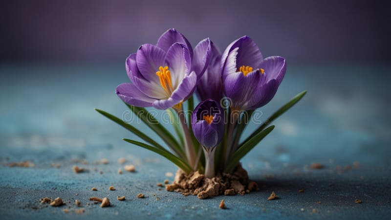 Purple Crocus Flowers in Bloom with Soil and Pebbles. Stock Image ...