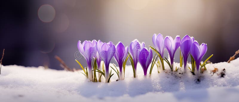 Purple Crocus Flowers Blooming through Snow in Soft Dawn Light. Stock ...