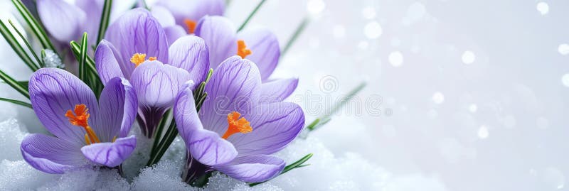 Purple Crocus Flowers Blooming in Snowy Spring Scene Stock Image ...