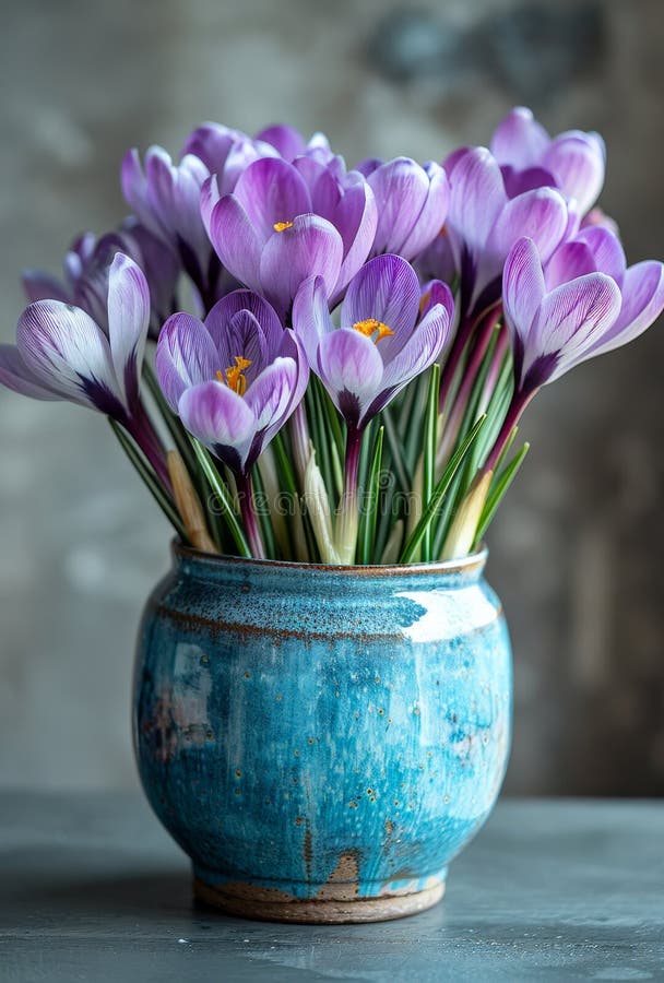 Purple Crocus Flowers in Blue Vase on Gray Background Stock Photo ...