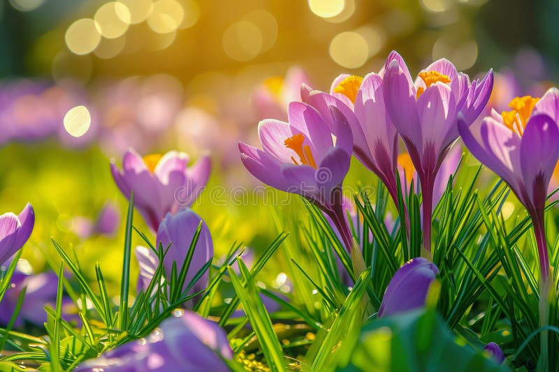 Purple Crocus in Fresh Green Grass. Spring Flowers, Sunshine Stock ...