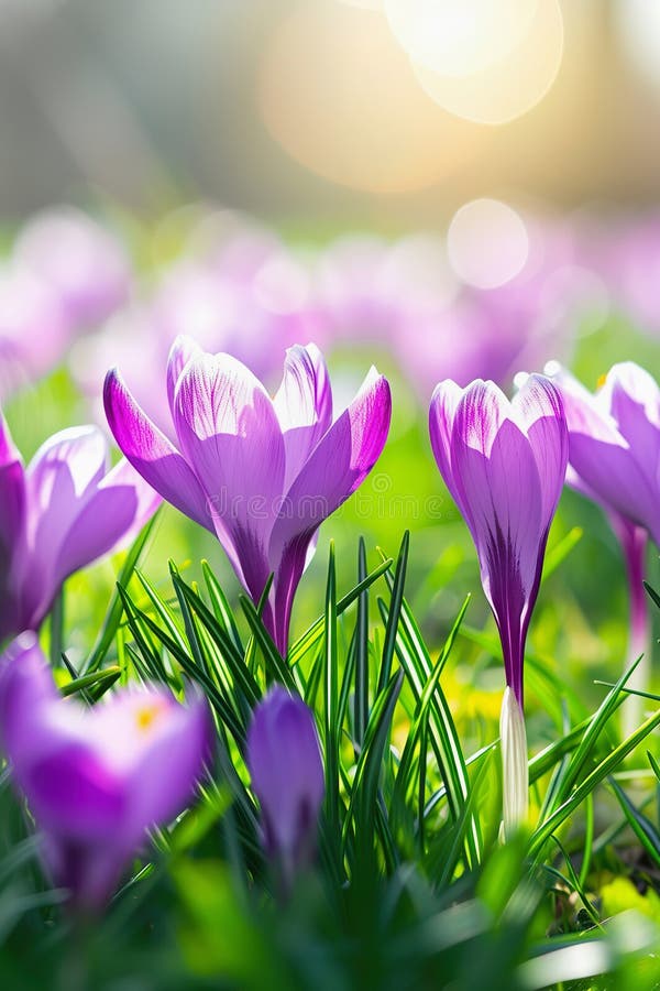 Purple Crocus in Fresh Green Grass. Spring Flowers, Sunshine Stock ...