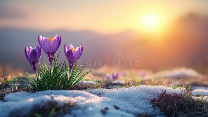 Purple Crocuses Bloom Snowy Sunset Mountain Landscape Stock Photos ...