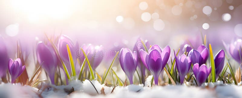 Purple Crocuses Blooming in Early Spring Snow Stock Illustration ...
