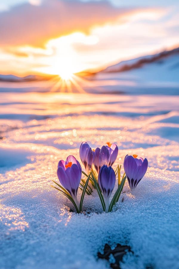 Purple Crocuses Blooming through Melting Snow at Sunset, Signalling the ...