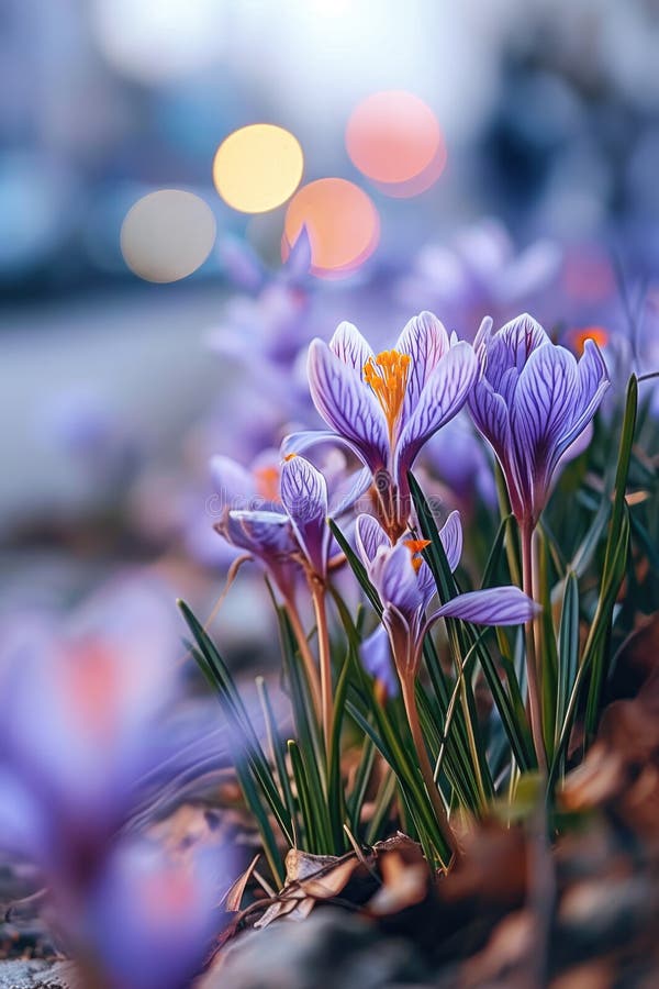 Purple Crocuses in Early Spring Twilight. Soft Focus, Bokeh Stock ...