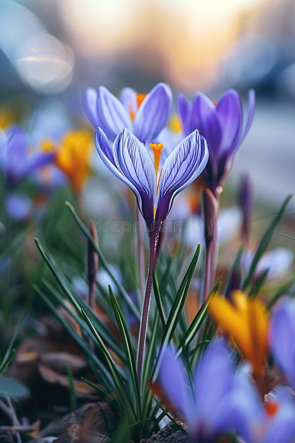 Purple Crocuses in Early Spring Twilight. Soft Focus, Bokeh Stock ...