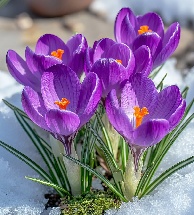 Purple Crocuses Emerging through the Snow Create a Simple yet Elegant ...